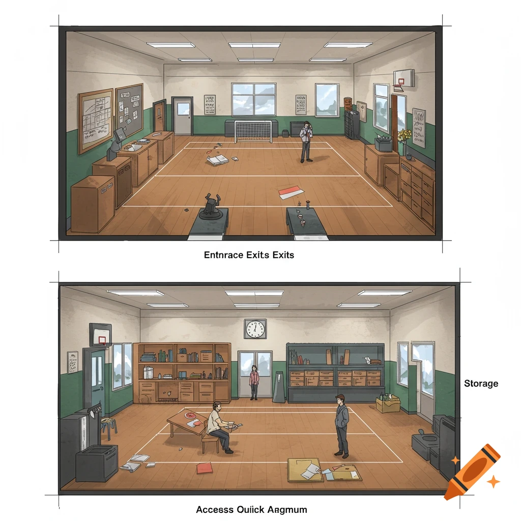 A school gym interior split into two views showing different areas ...