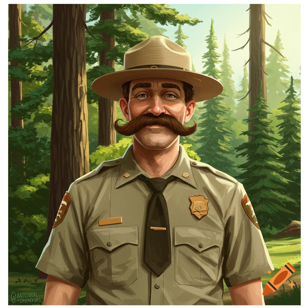 A US National Park ranger with a large mustache stands in a forest. on ...