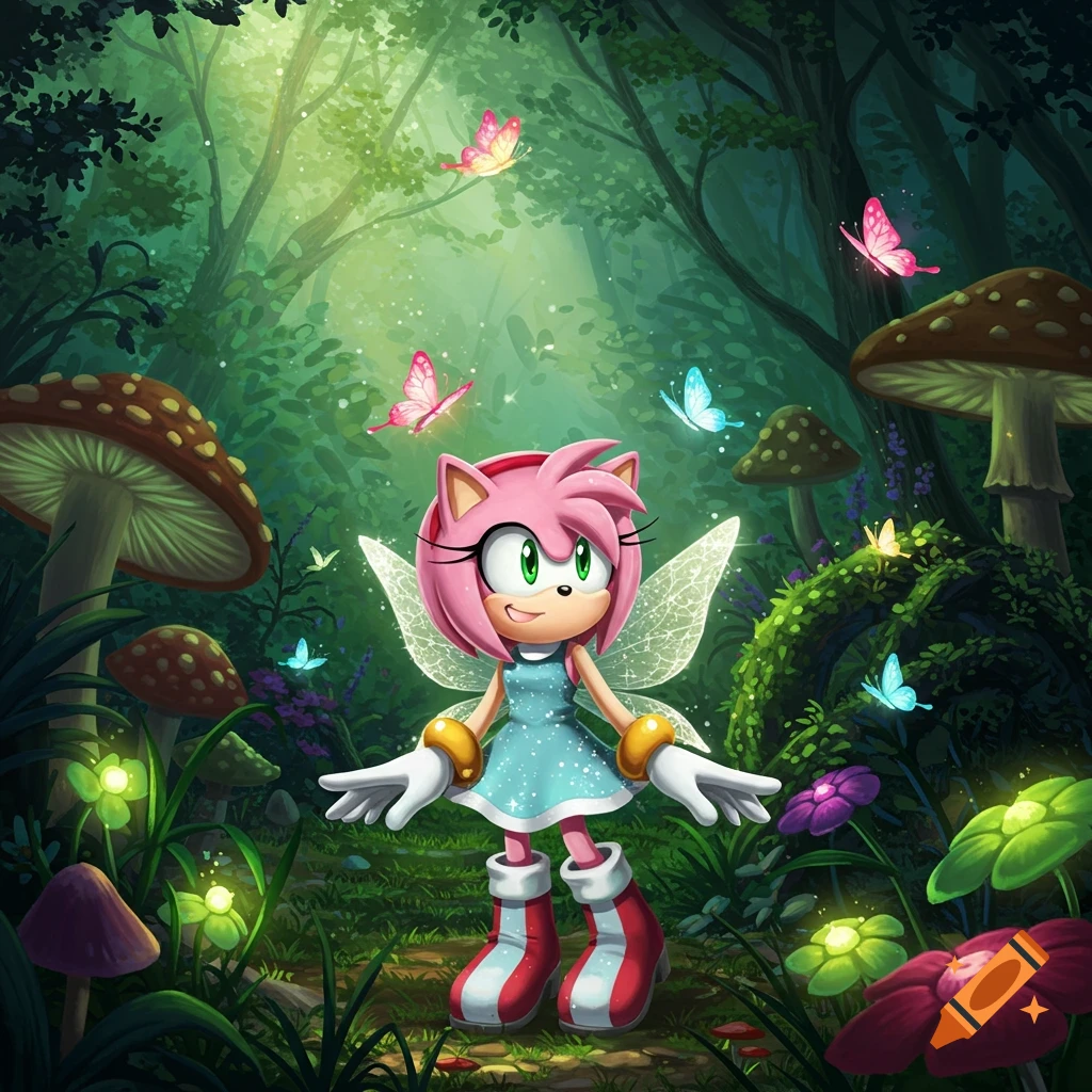 Amy Rose depicted as a fairy with wings, standing in a fantasy forest ...