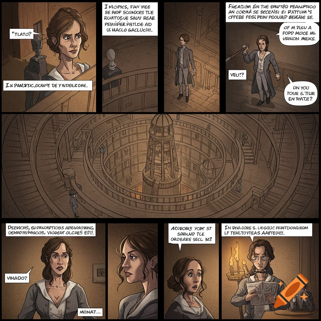 Comic depicting Bentham's Panopticon prison concept with six panels on ...