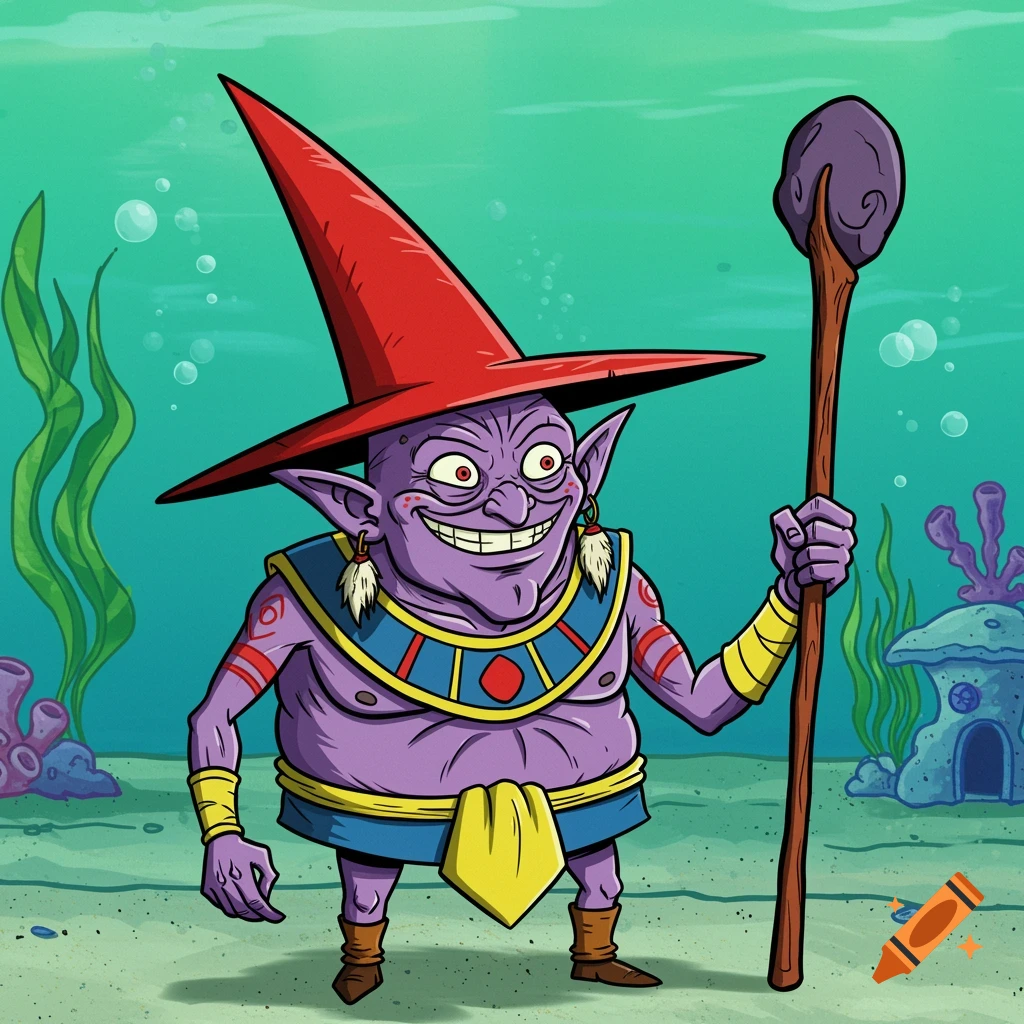 Majin shaman with scar in Spongebob art style on Craiyon