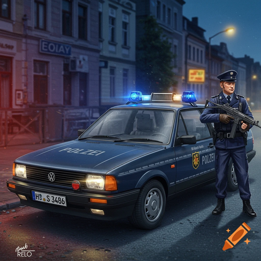 A German police car and officer with an MP5 rifle are on a street at ...