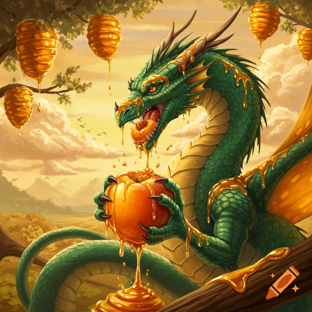 Dragon covered in honey holding a peach on Craiyon