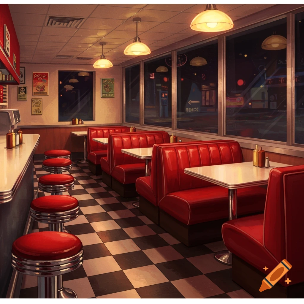 Vintage illustration of a retro diner interior with red booths and a ...