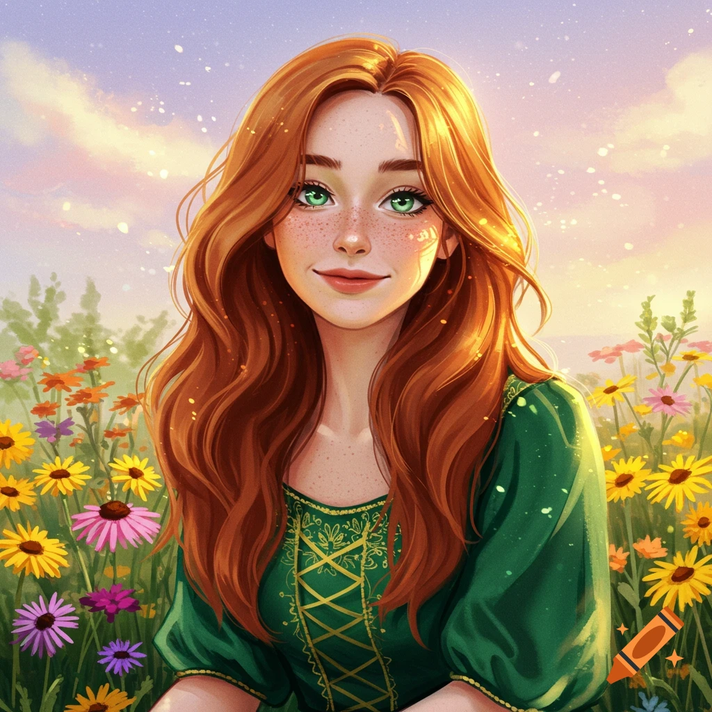 Illustrative portrait of a red-haired woman with flowers in her braid ...