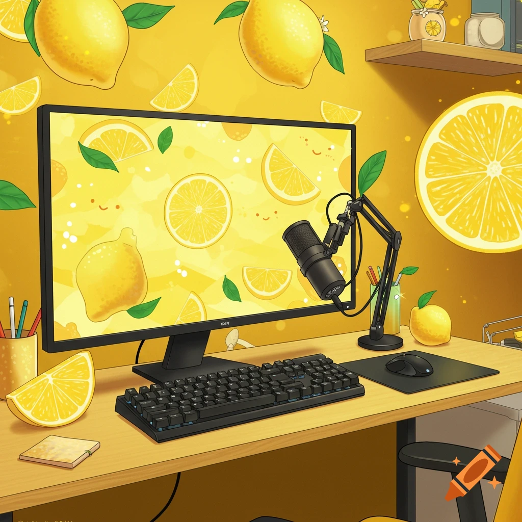 Yellow lemon-themed Vtuber background with desk, keyboard, and ...