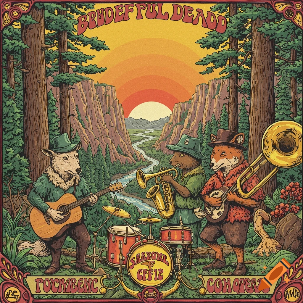 Grateful Dead-style vintage rock poster featuring woodland animals ...