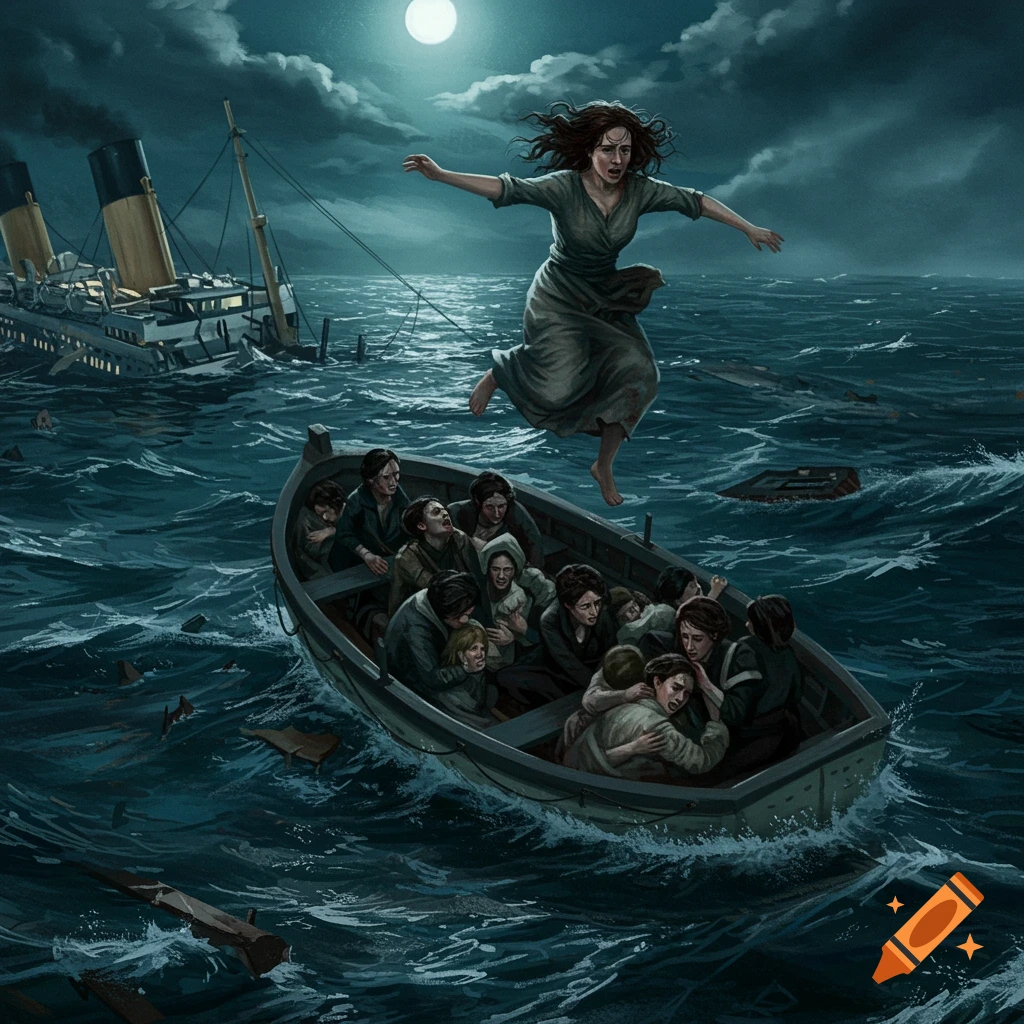 Titanic survivor woman jumping from lifeboat with women and children on ...