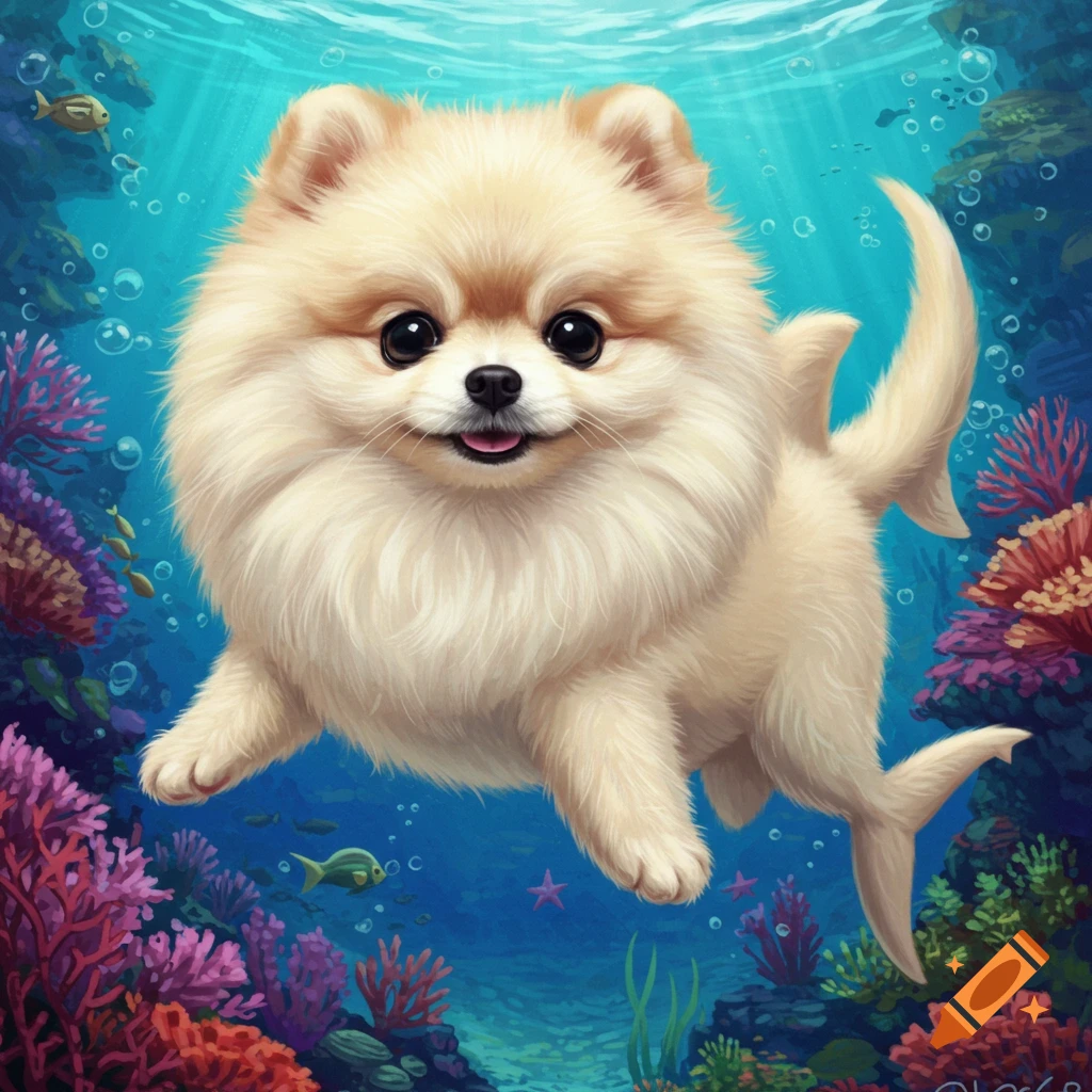 A fluffy brown cockapoo dog with a hammerhead shark's body and fins on ...