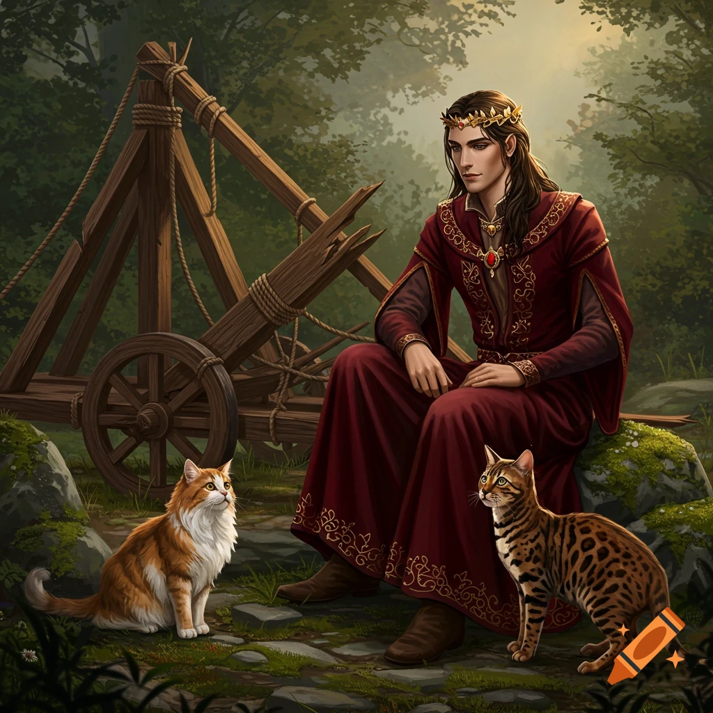 LARP King with orange and white cat and Bengal cat looking at broken ...
