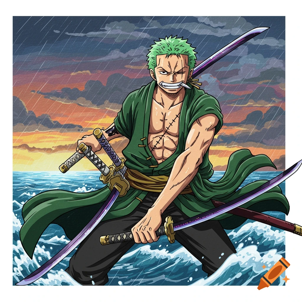 Anime character Zoro with swords in ocean during stormy sunset. on Craiyon