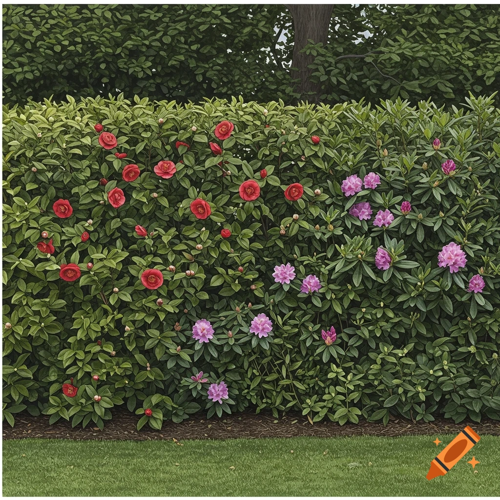 Privacy hedge with camellias, rhododendrons, and mountain laurels in a ...