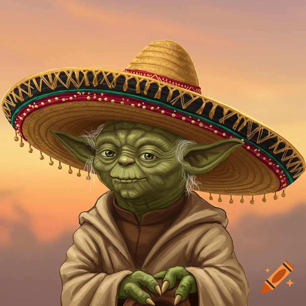 Yoda wearing a sombrero against an orange sky. on Craiyon