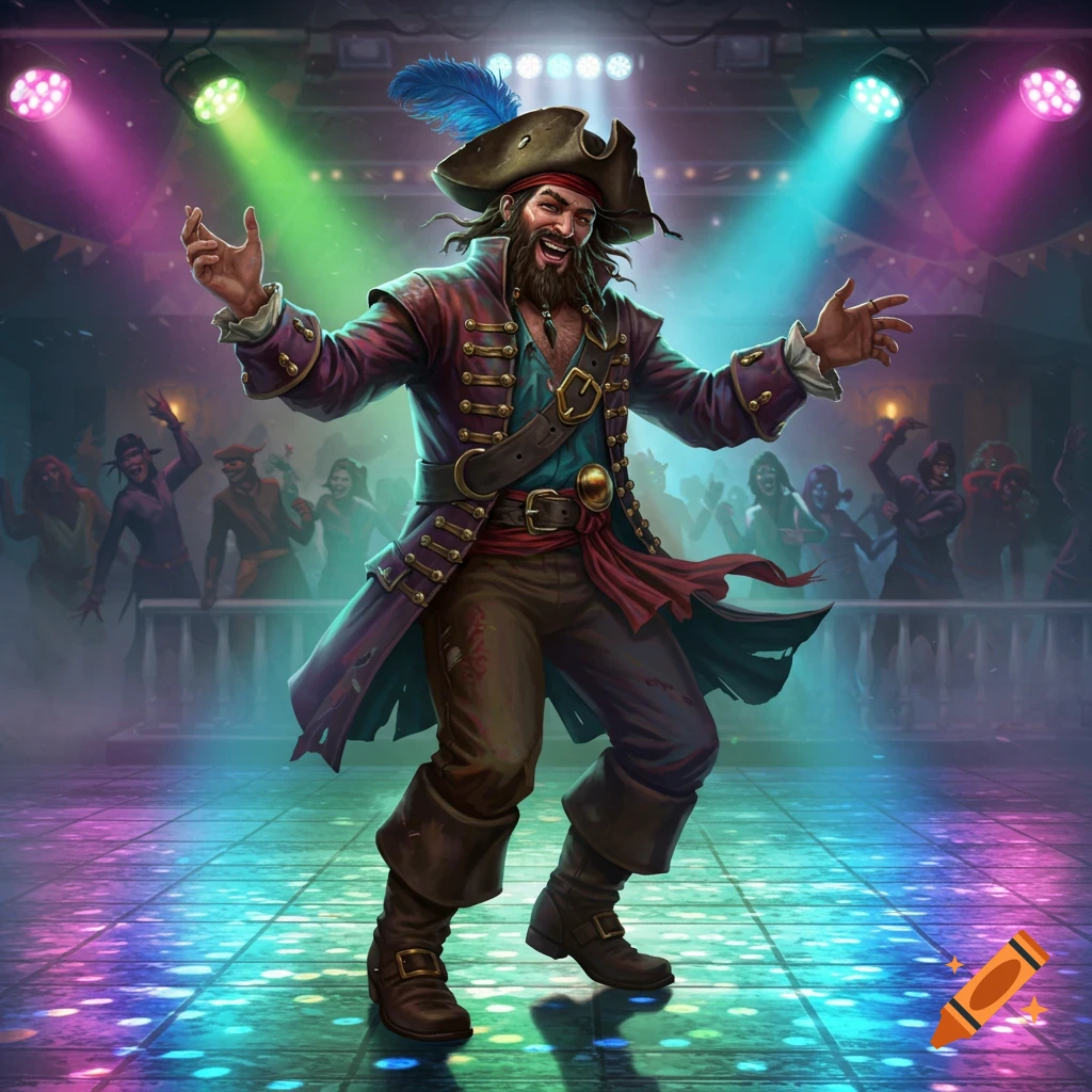 Pirate dancing on a colorful dance floor on Craiyon