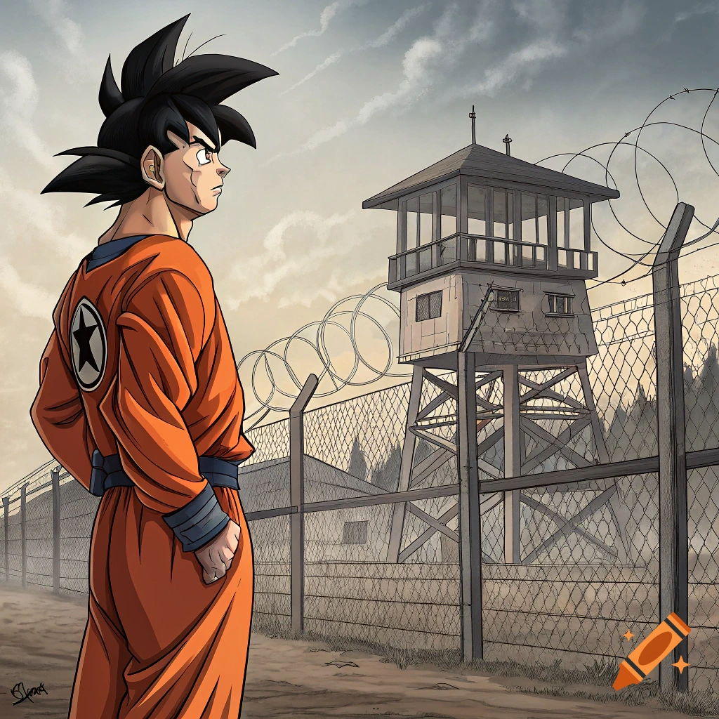 Anime illustration of Goku in an orange uniform looking toward a guard ...