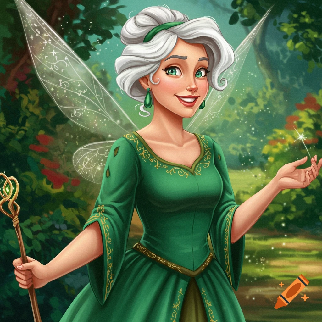 A blonde fairy in a sparkly green dress with wings. on Craiyon