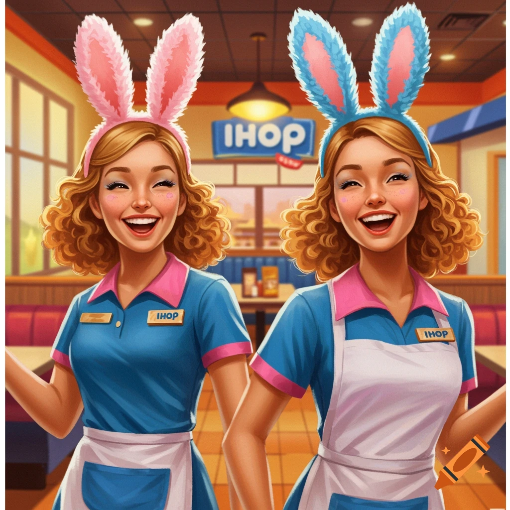 Two cheerful waitresses in IHOP uniforms and bunny ears in a stylized ...