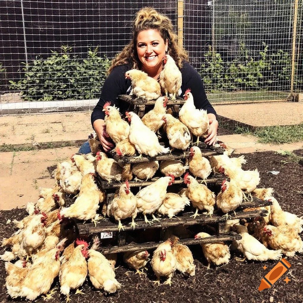 Abby Lee Miller with a pyramid of chickens on Craiyon