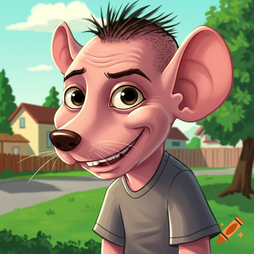 A cartoon character with large ears and spiky hair smiles in a suburban ...