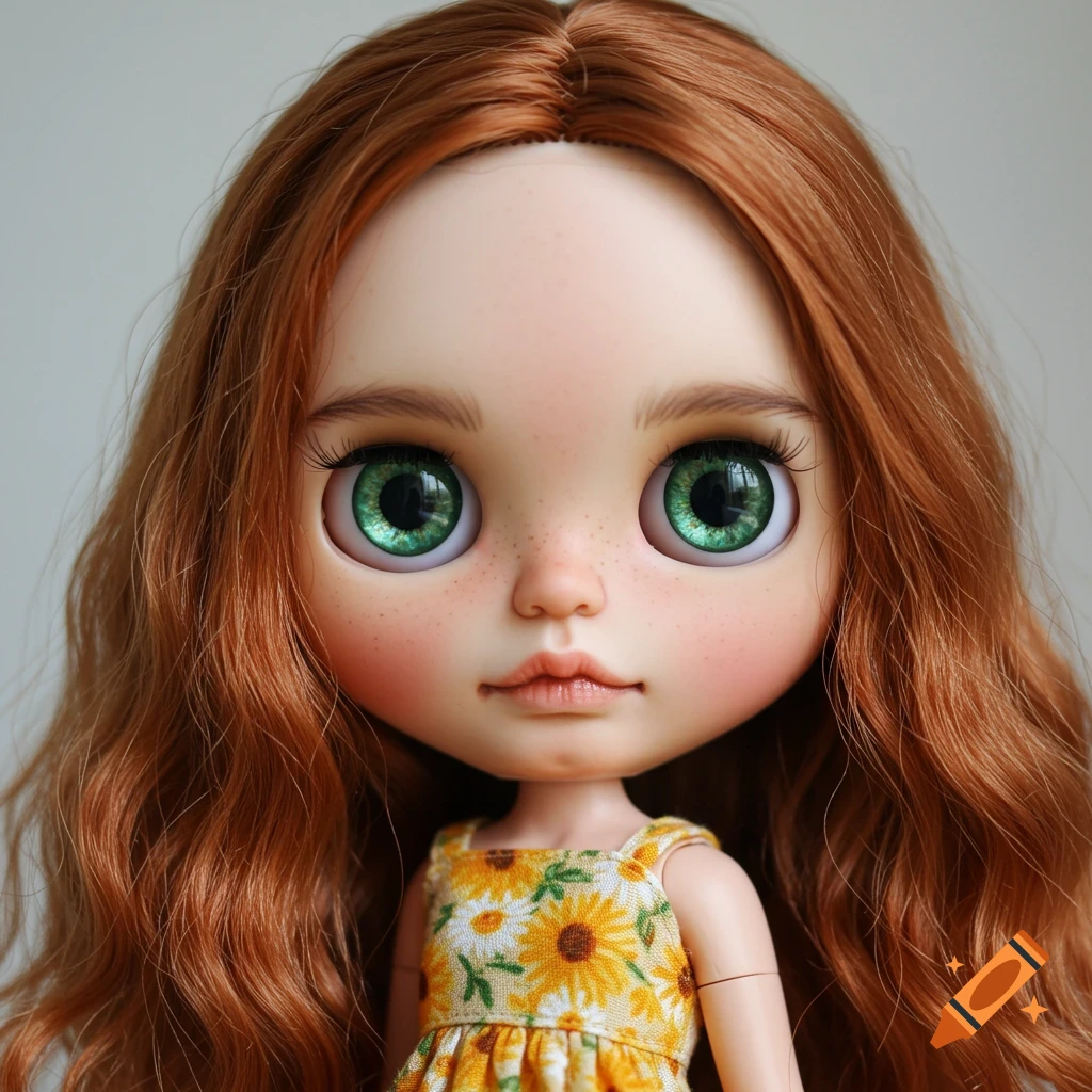 Close-up portrait of a Blythe doll with red hair, big green eyes, and a yellow sunflower dress ...