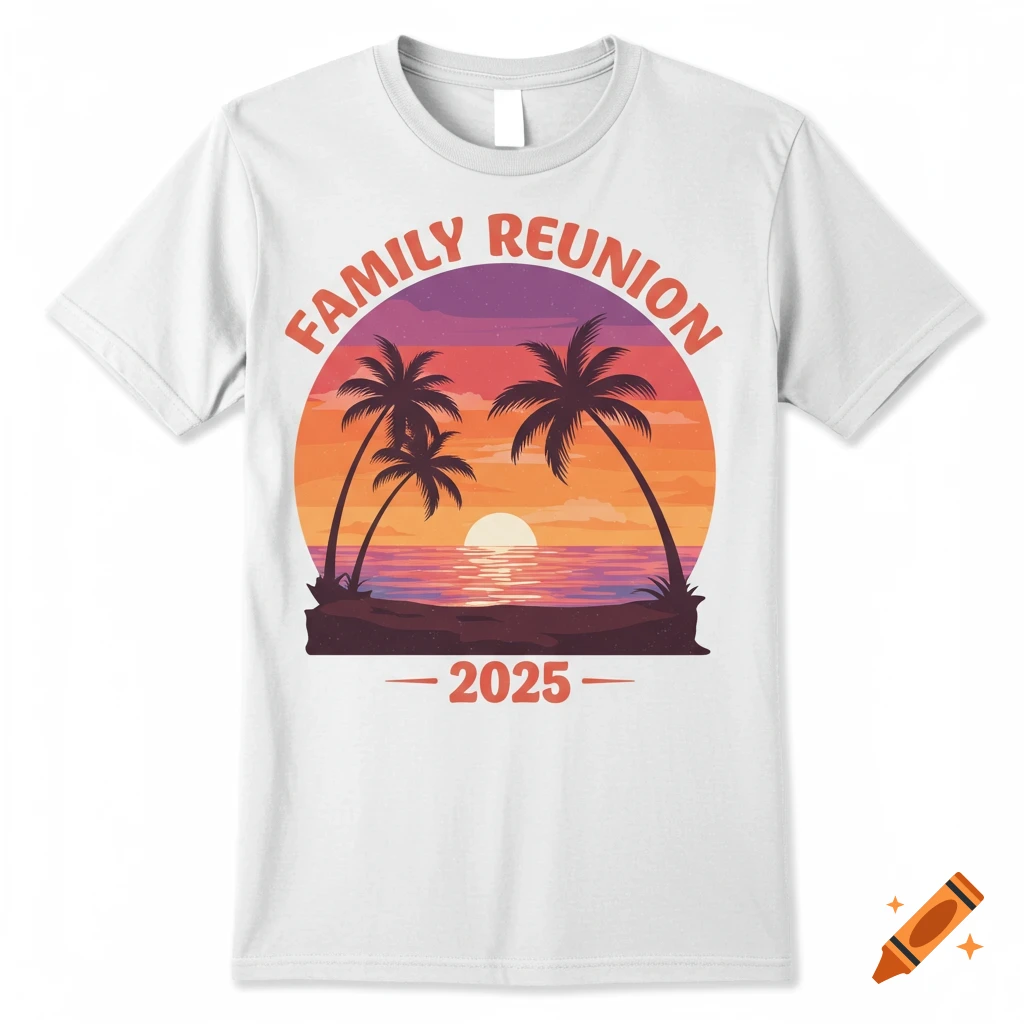 Palm trees beach sunset design on a Family Reunion 2025 white t-shirt ...