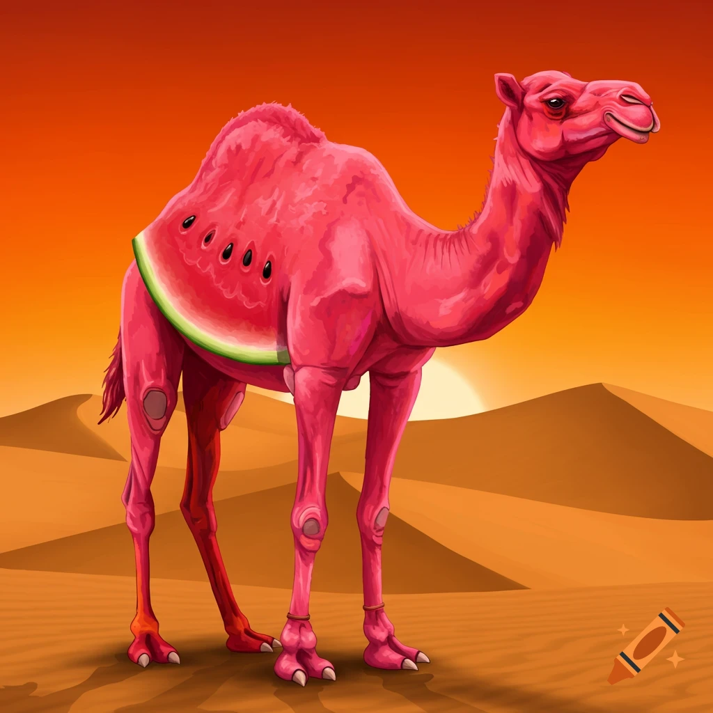 A pink watermelon camel stands in a desert at sunset. on Craiyon