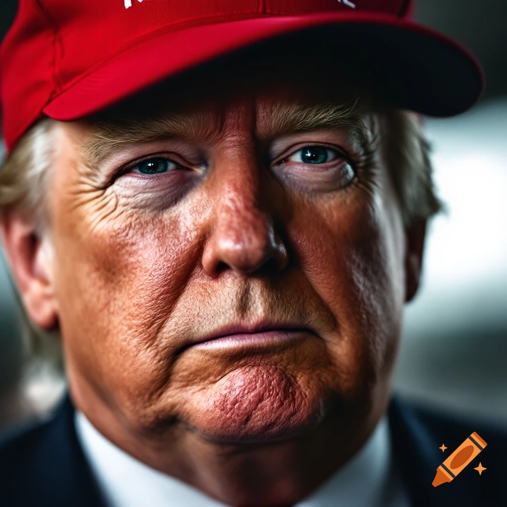Donald Trump close-up portrait wearing a "REAL FAKE" red cap on Craiyon