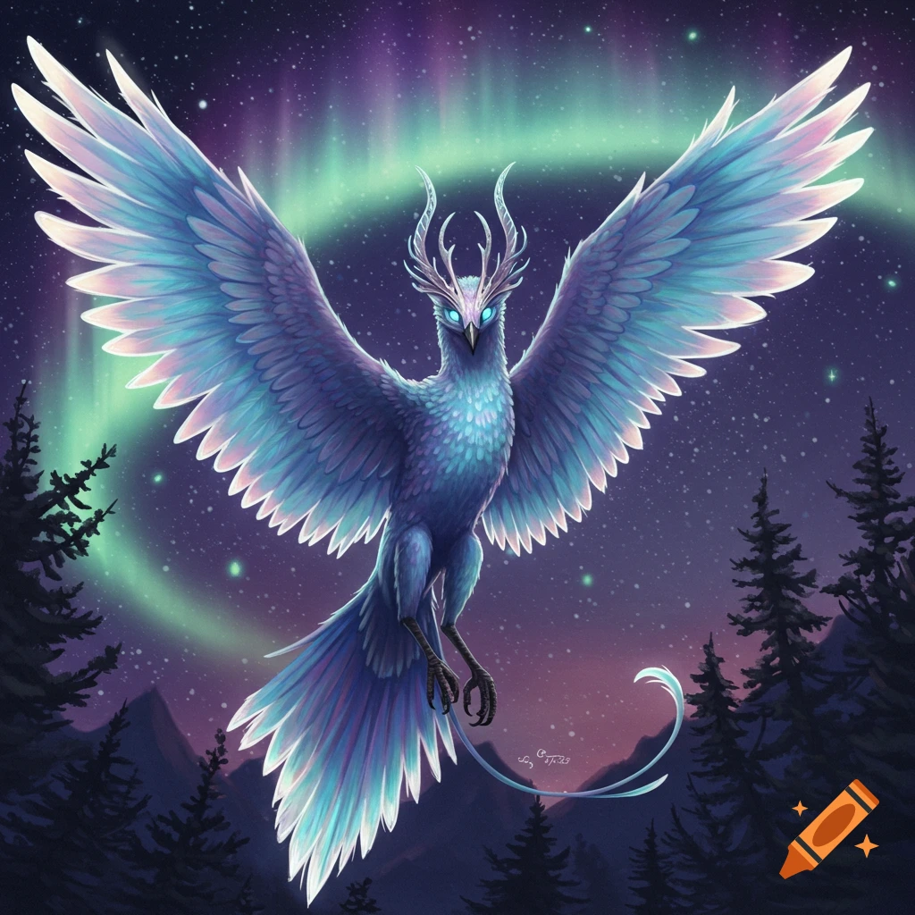 A blue and purple fantasy bird creature with glowing horns flies under ...