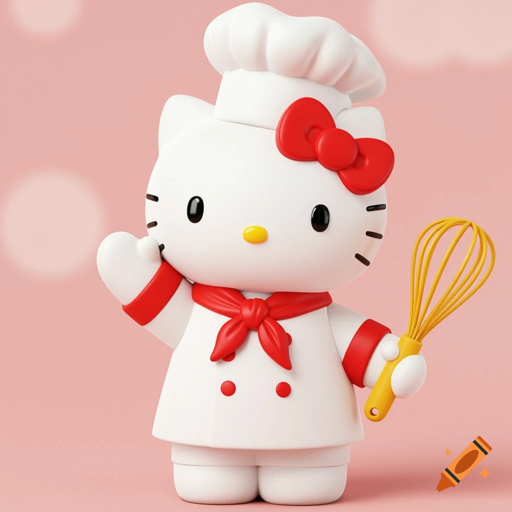 Hello Kitty dressed as a chef, holding a whisk, on a pink background ...
