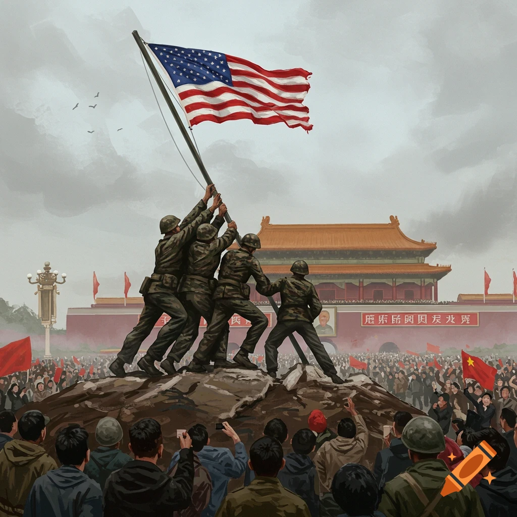 Soldiers raising a US flag on a hill in front of Tiananmen Gate with a ...