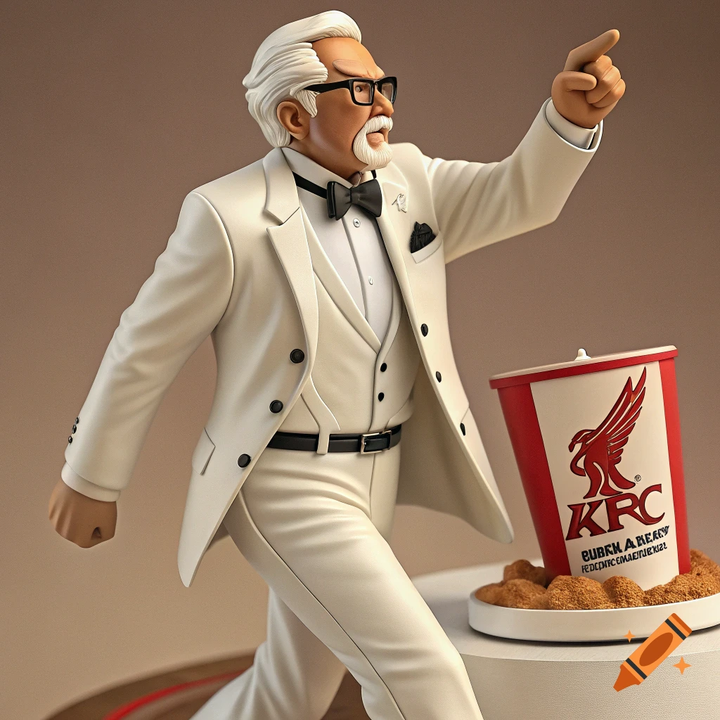 Action figure of Colonel Sanders pointing, with a bucket of chicken on ...