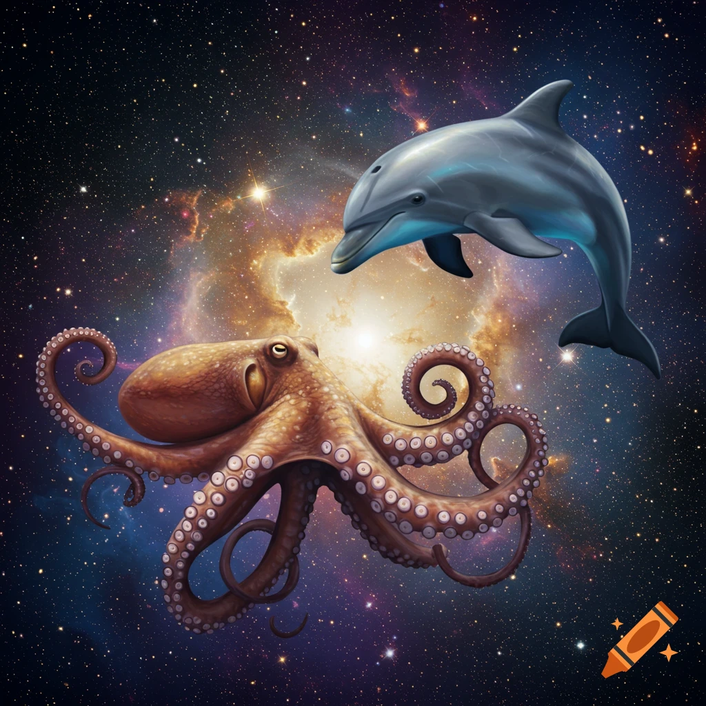 Octopus and dolphin in space on Craiyon