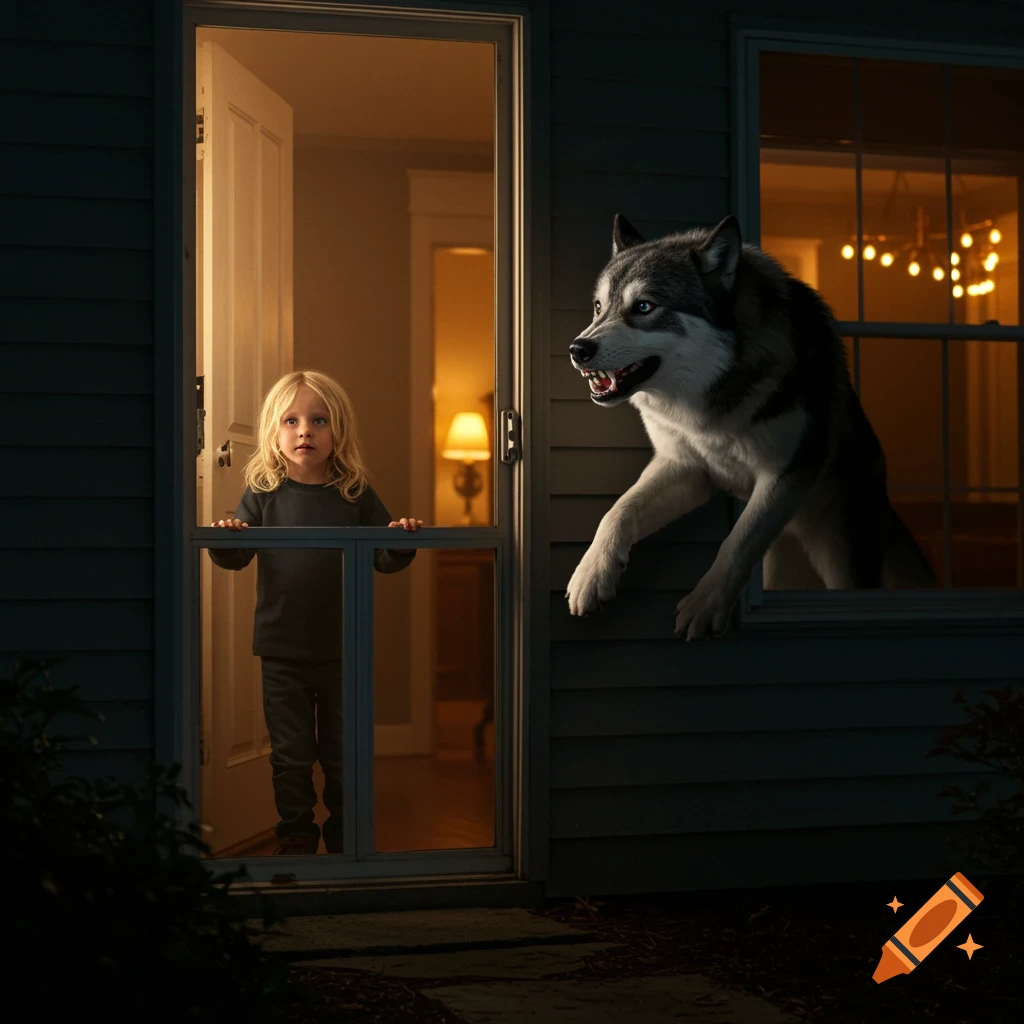 Boy looking through screen door with large wolf behind him on Craiyon