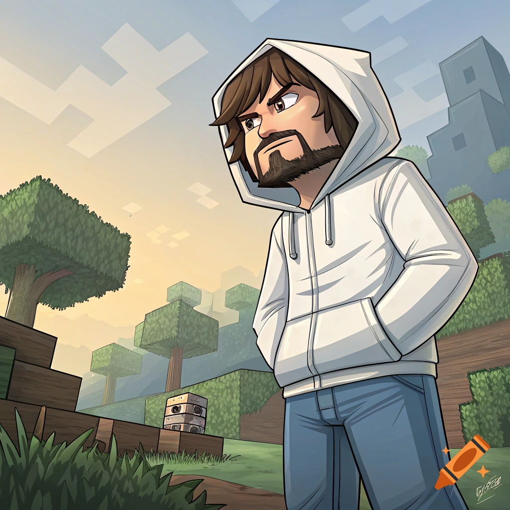 A cartoon illustration of a man with a beard in a white hoodie standing ...