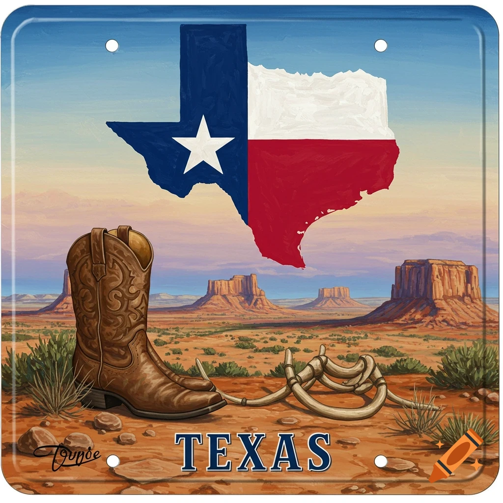 Texas-themed license plate with cowboy hat, boot, and state flag on Craiyon