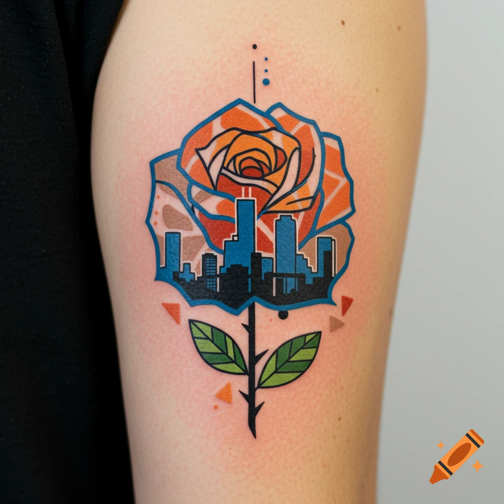 Geometric tattoo design incorporating Tyler, Texas and Houston on Craiyon