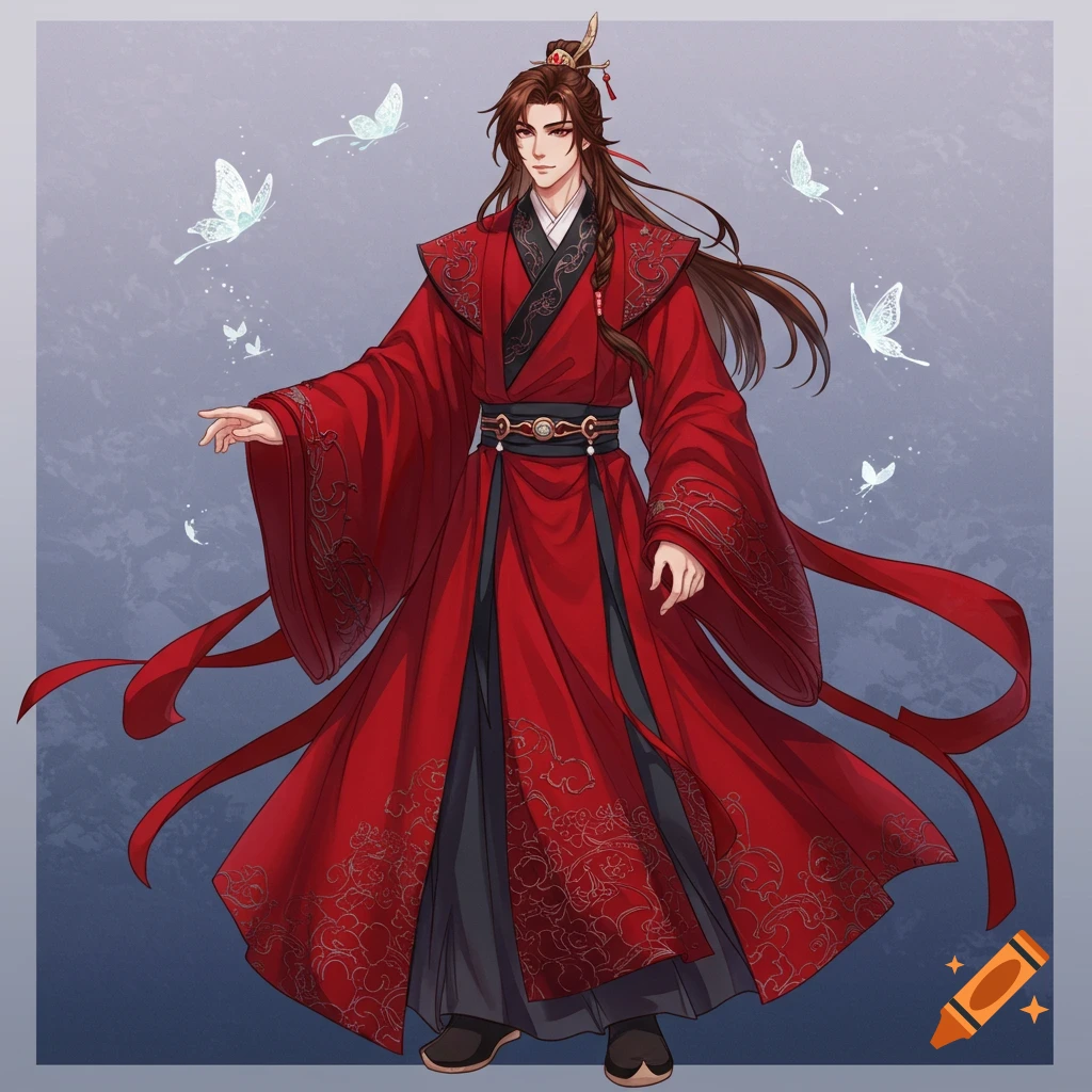Male character in red hanfu with silver butterfly details on Craiyon