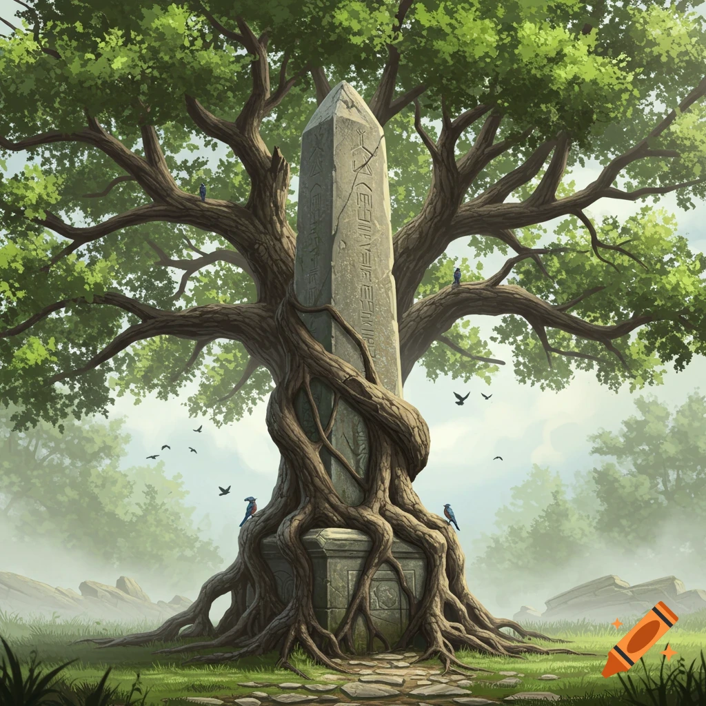 A large oak tree with roots wrapped around an ancient stone obelisk in ...