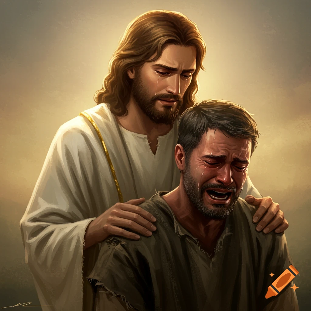 Jesus comforts a crying man in a painting. on Craiyon