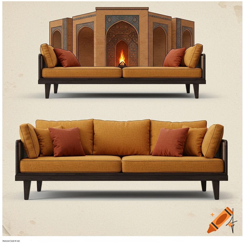 Sofa design inspired by Bahram Yazd Fire Temple on Craiyon
