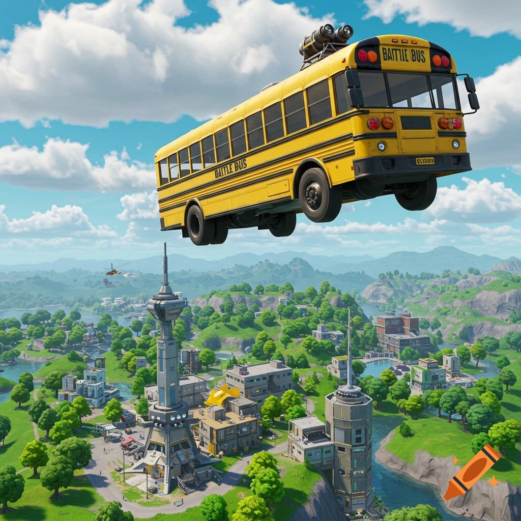 Fortnite battle bus flying over chapter six season two map ...