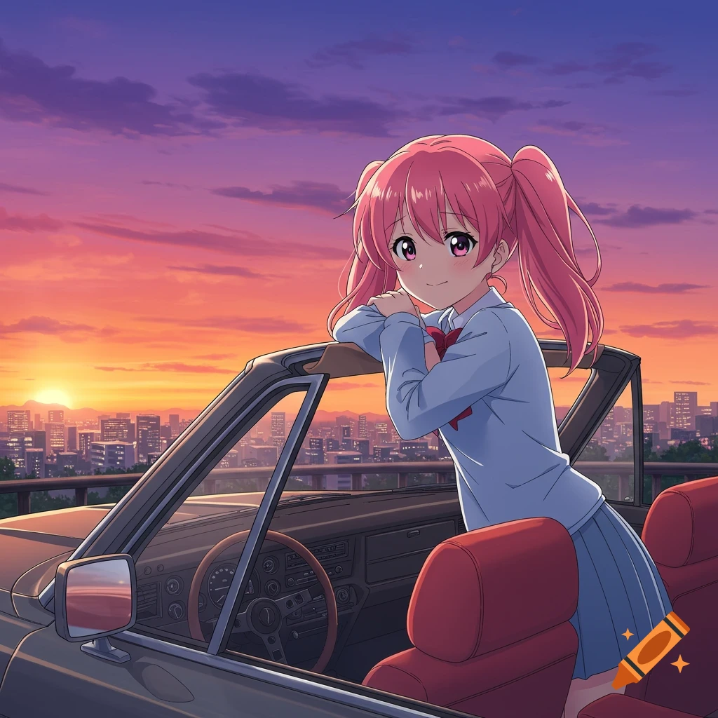 Anime girl with pink hair leaning out of a red convertible on a coastal ...
