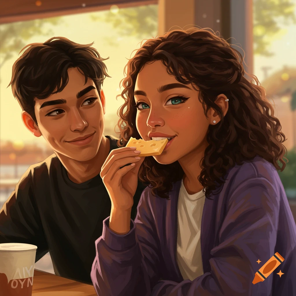 Hispanic girl Lyric eating cheese with boyfriend Zay on Craiyon