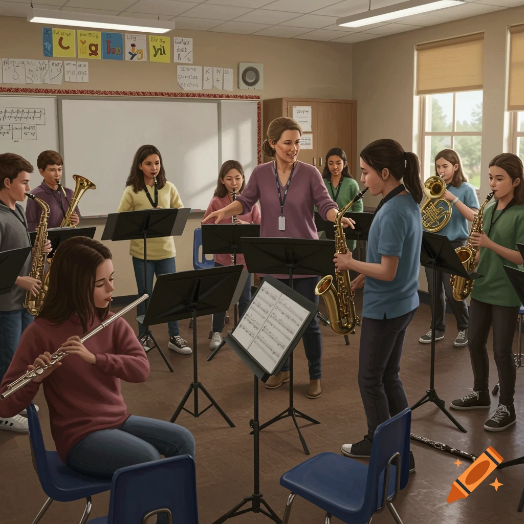 Middle school band classroom with students playing instruments during a ...