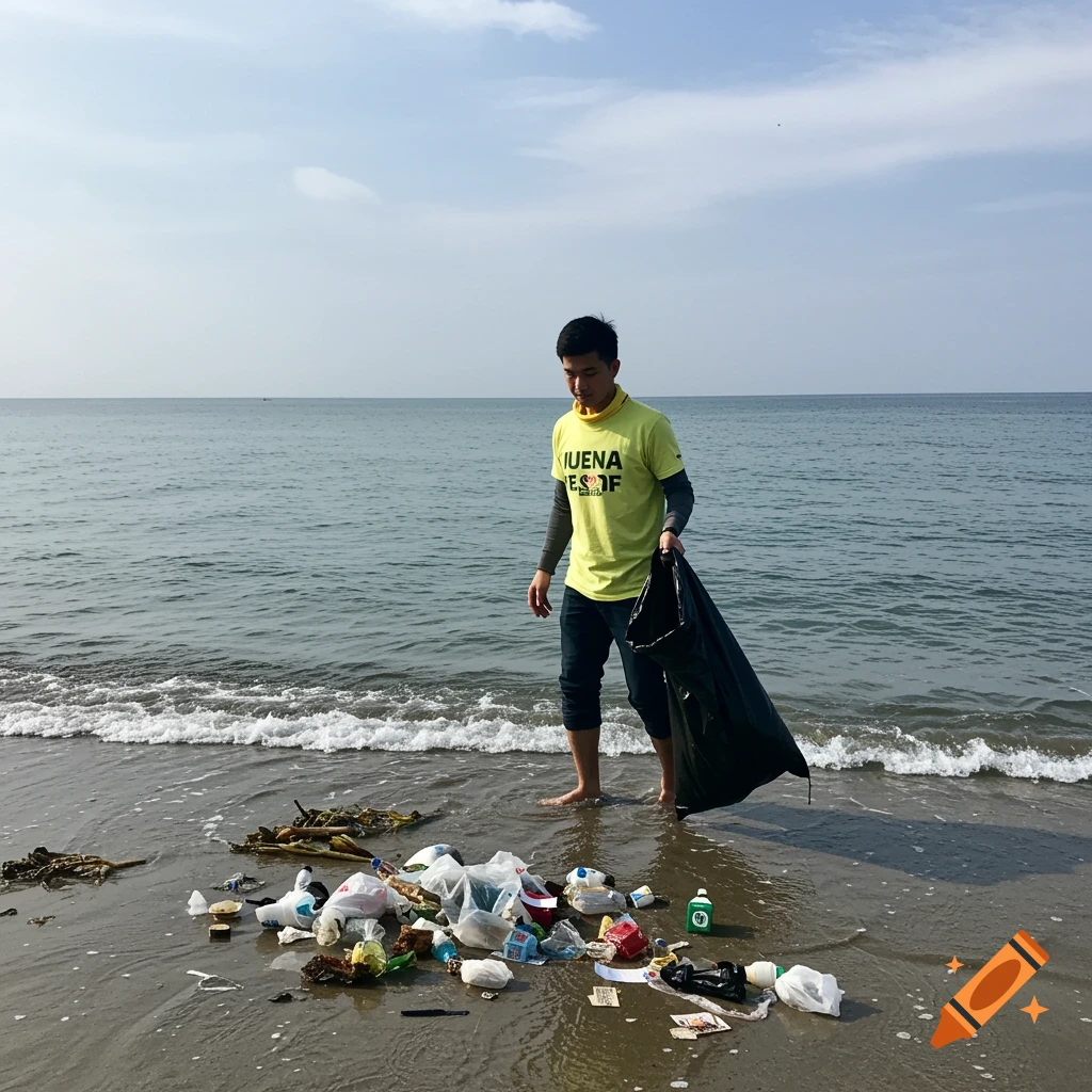A person collects trash from a beach with a trash bag. on Craiyon