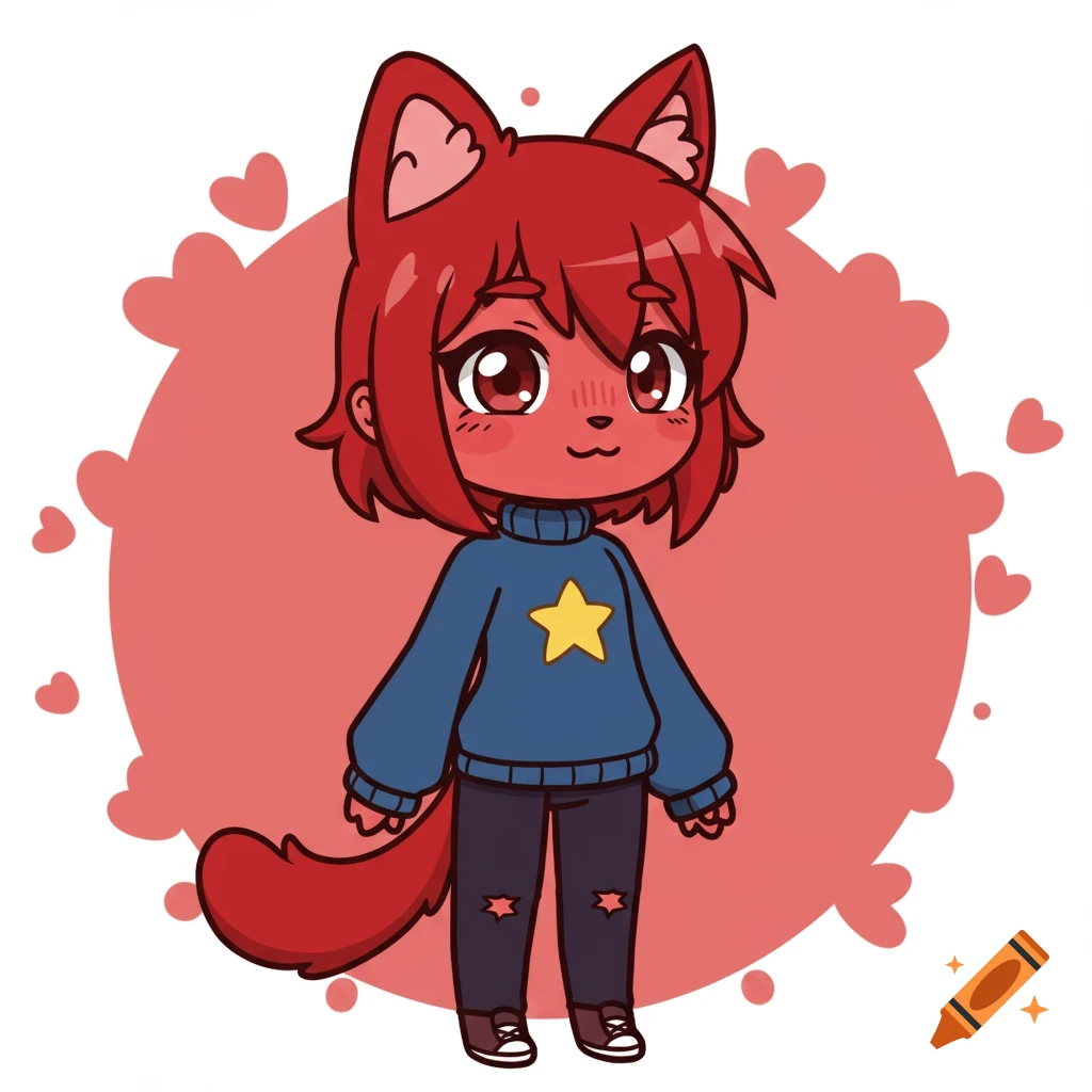 Cartoon-style red gachapon character, Gigi, in a blue sweater on Craiyon