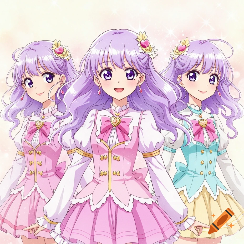 Three anime girls with lavender hair in frilly pink and blue dresses ...