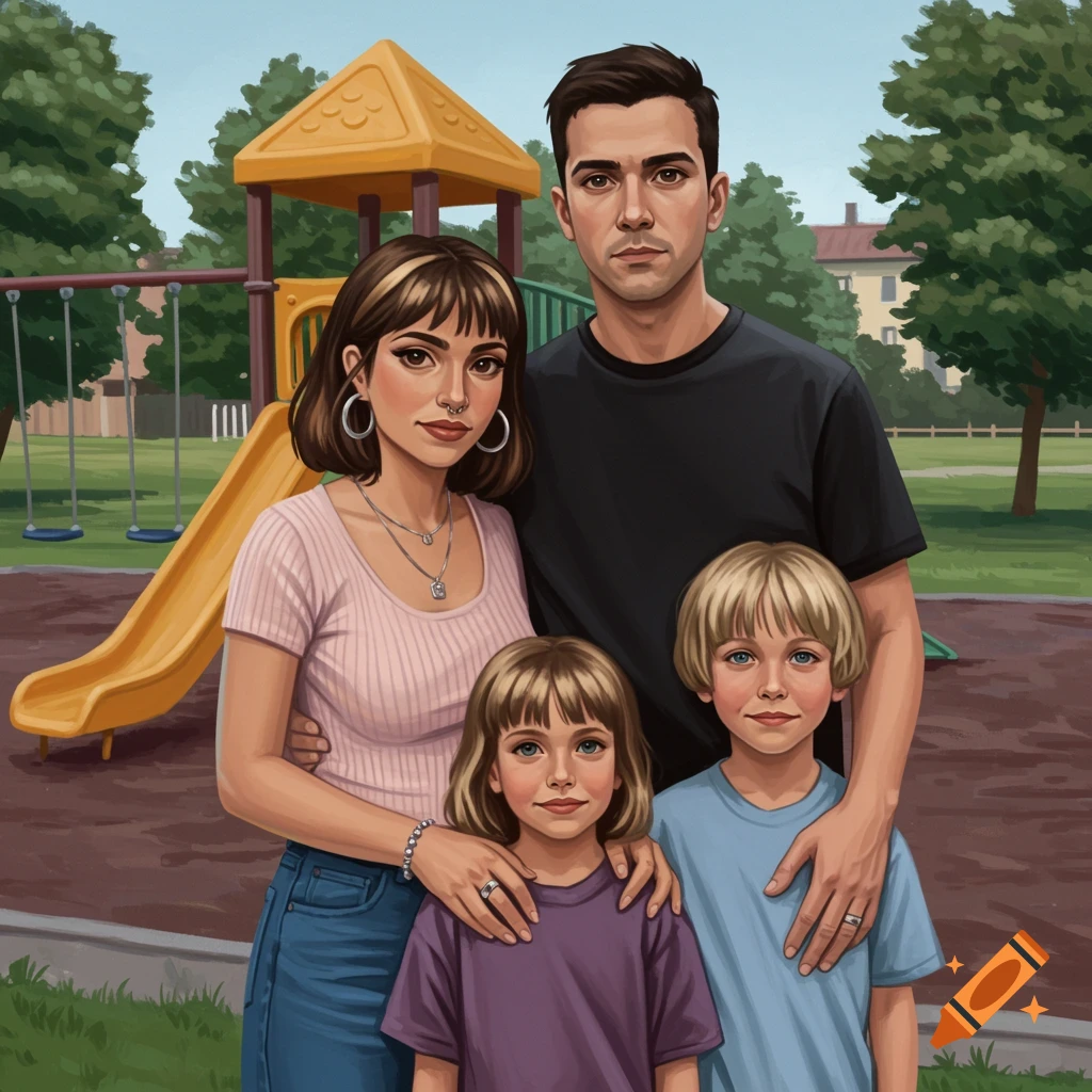 Family portrait near a playground, early 2000s style on Craiyon