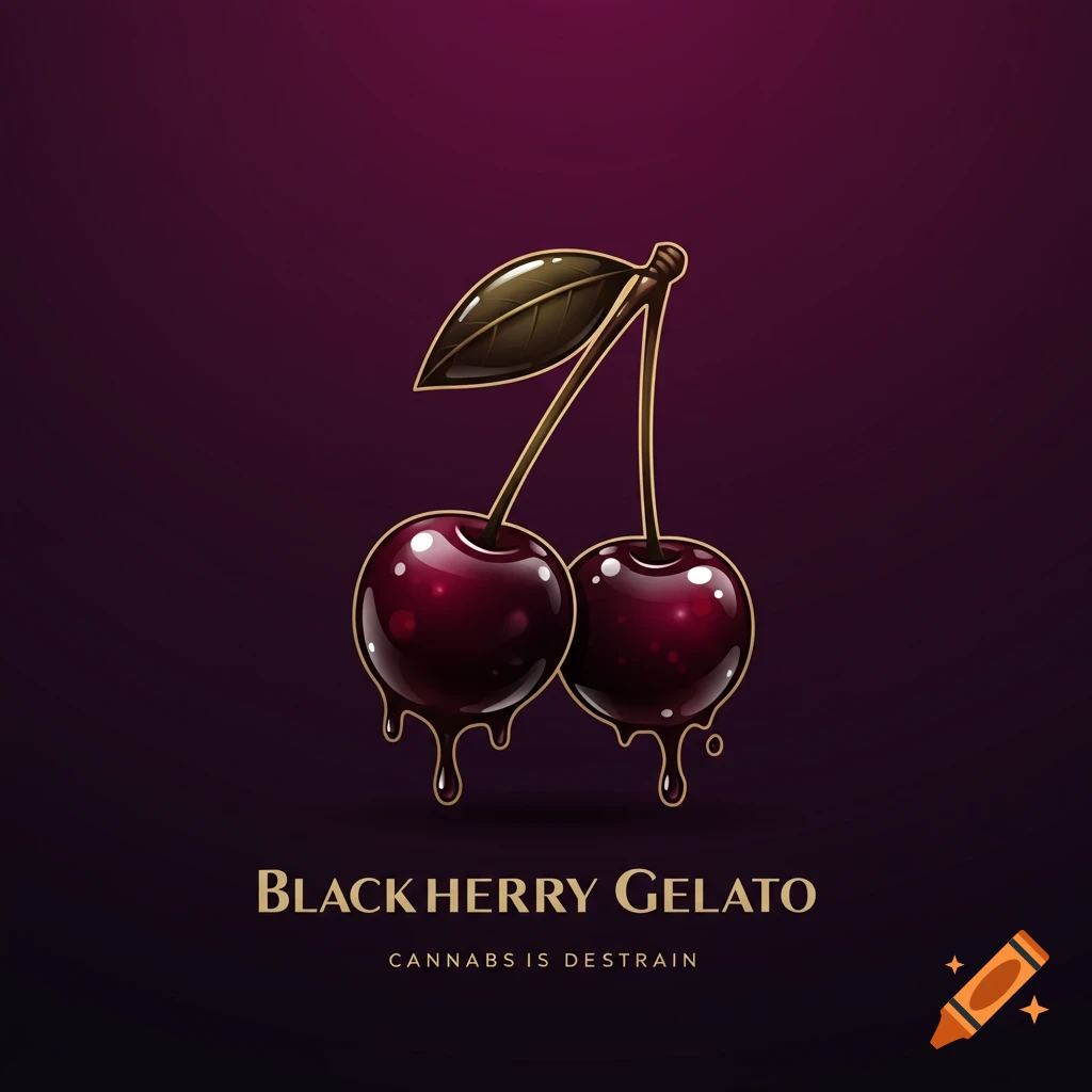 Stylized logo of two dark red cherries dripping liquid on a purple ...