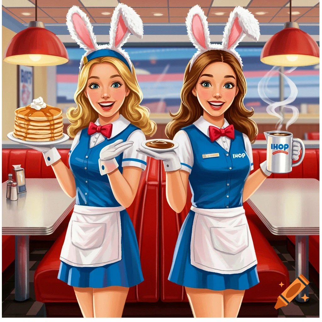 Two waitresses in IHOP uniforms with bunny ears holding pancakes and ...